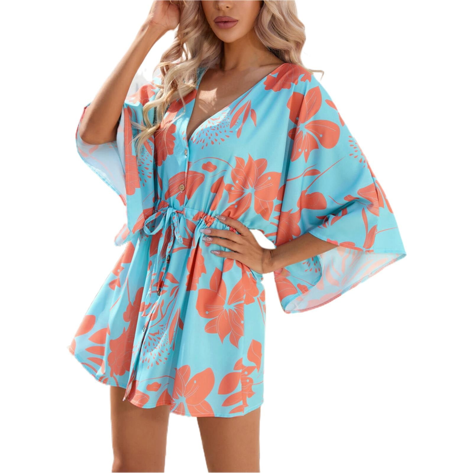 Himmake Summer Leaf Fresh Print Dress For Women Short Sleeve Midi Dress