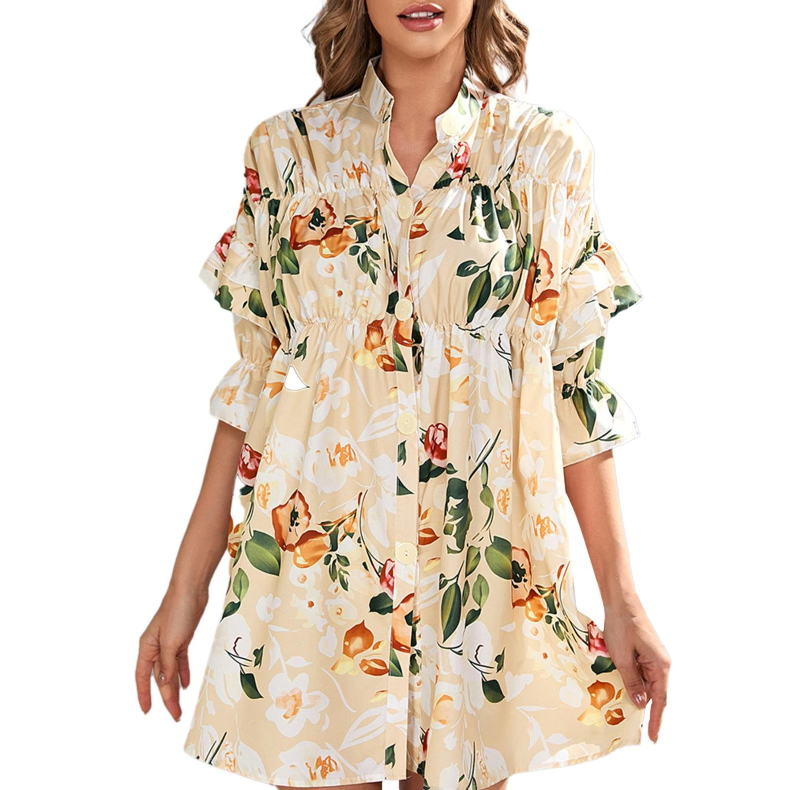 Himmake Summer Print Single Short Five Part Sleeve Dress Long Silk