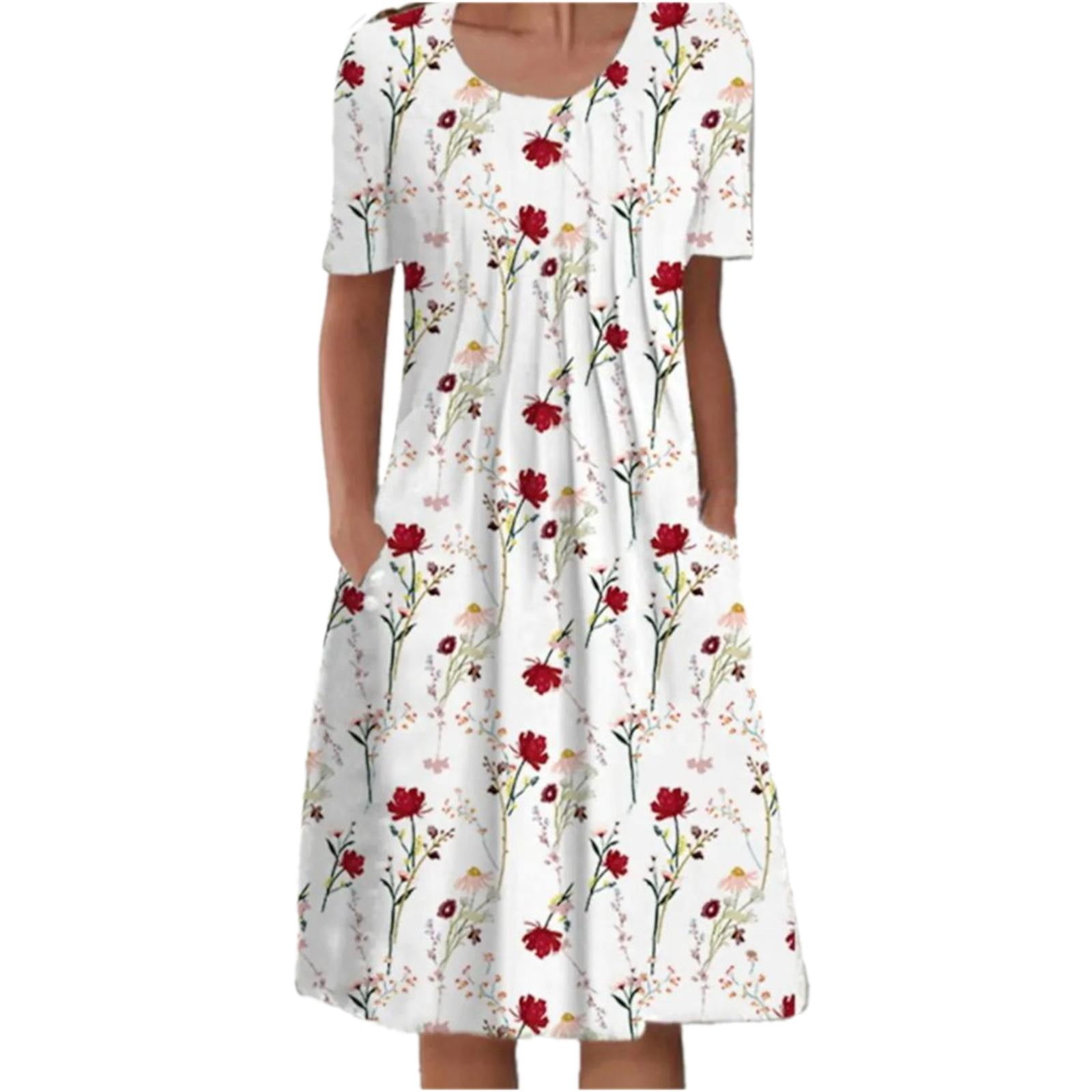 Himmake Summer Womens Casual Round Neck Pocket Short Sleeved Printed