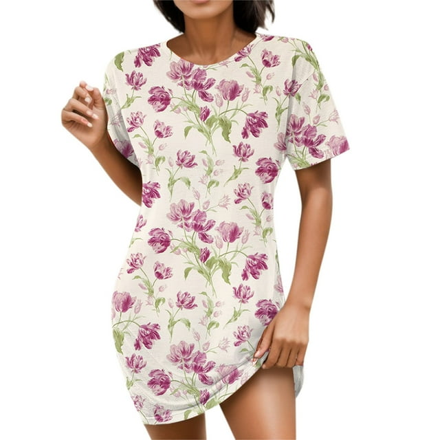 Himmake Women Casual Everyday Floral Print Summer Round Neck Short