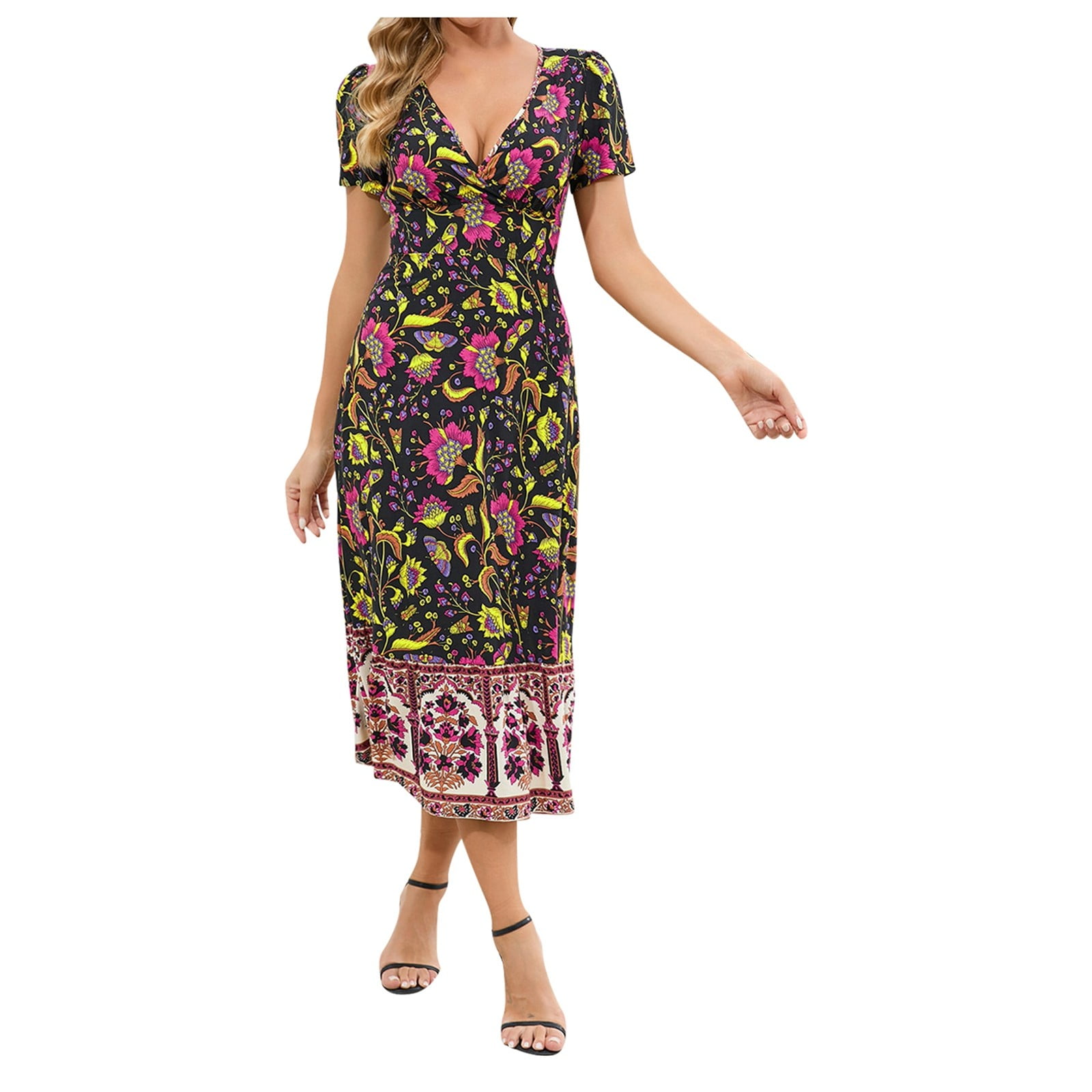 Himmake Women Summer Short Sleeve Midi Dress Round Neck Casual