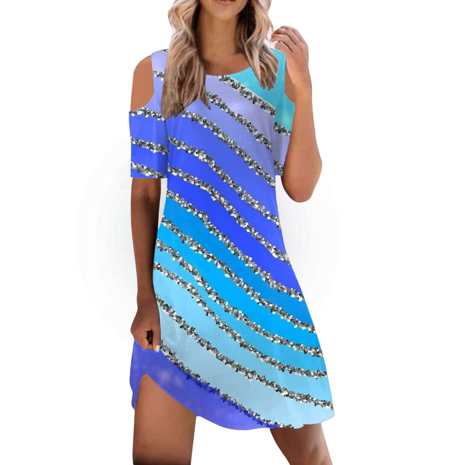 Himmake Womens Summer Dress Short Sleeve Dress Round Neck Waist Beach