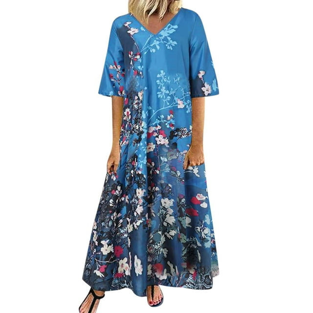 Himmake Womens Summer Maxi Dress Short Sleeve V Neck Casual Loose Long