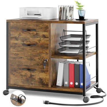 Dextrus Wood File Cabinet with Charging Station, Rolling Lateral Filing ...