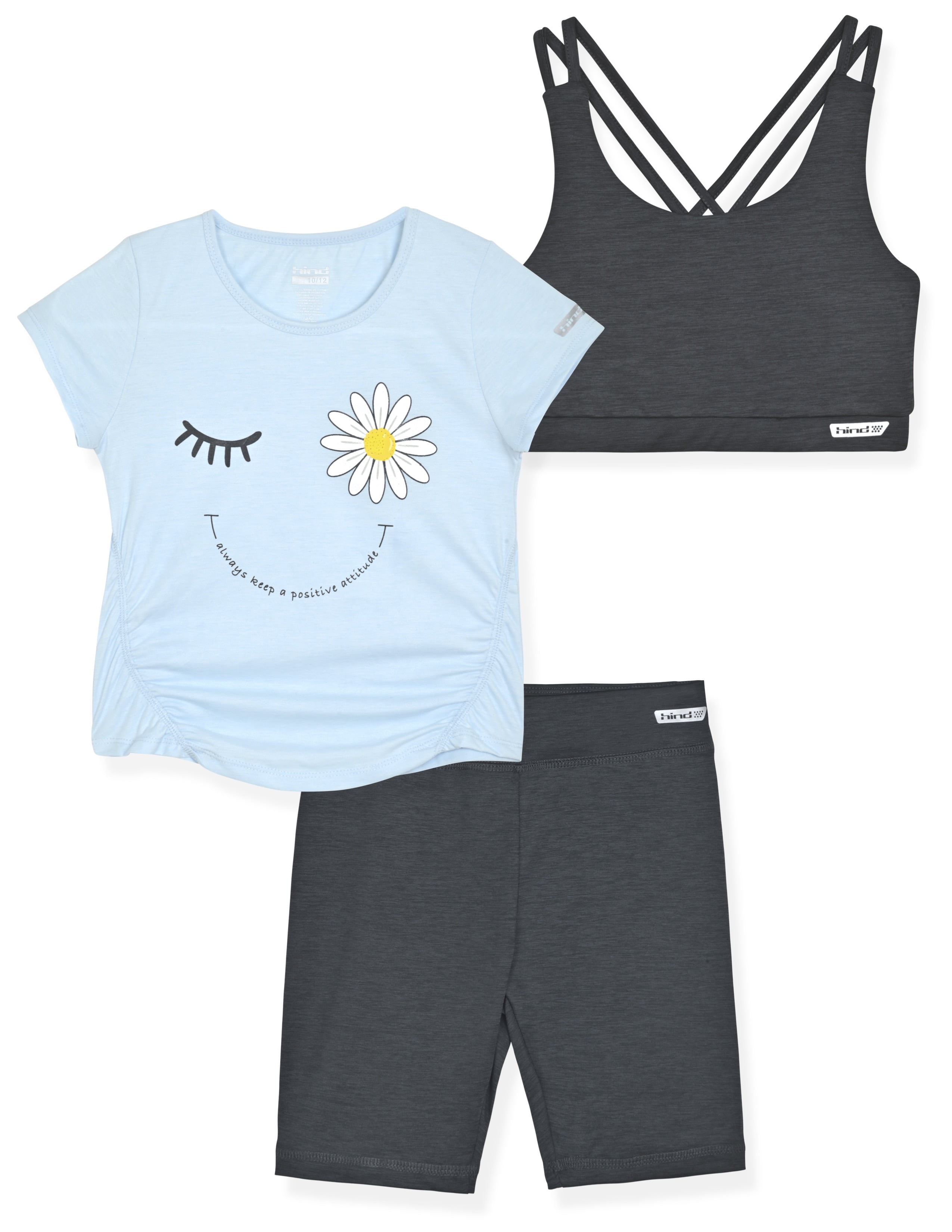 Hind Girls Activewear Set: Sports Bra, T-Shirt, Bike Shorts, Sizes 4-16 ...