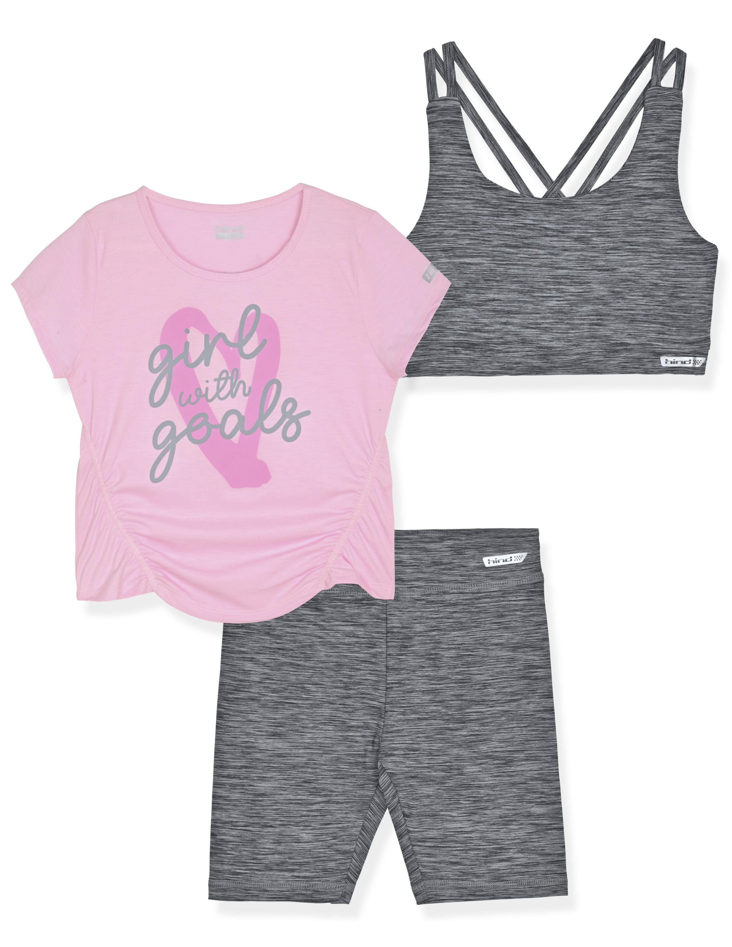 Hind Girls Activewear Sports Bra, T-Shirt, and Bike Shorts Set, Sizes 4 ...
