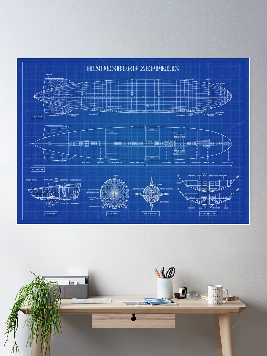 Hindenburg Zeppelin (Blueprint-English) Poster Wall Art, Modern Wall ...
