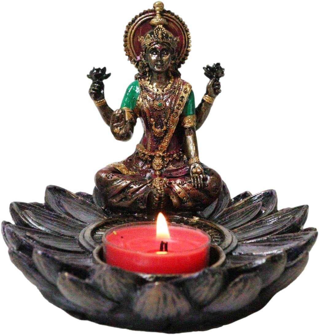 Hindu Deity Goddess of Prosperity Fortune Lakshmi Sitting On Lotus Padma Flower Votive Cle ...