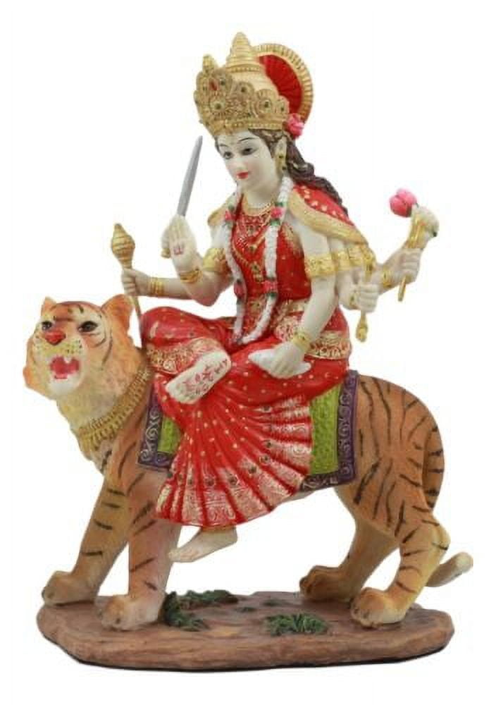 Hindu Goddess Durga Wearing Red Sari Riding On Tiger Figurine 8.5" Tall ...