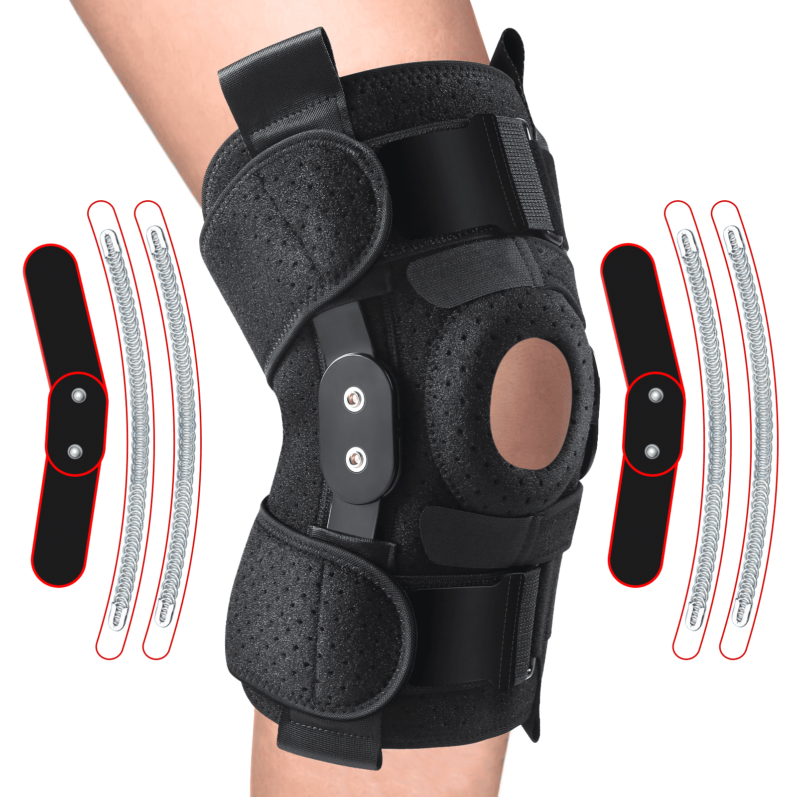 Hinged Knee Brace with Side Stabilizers Adjustable Knee Compression 6 Strap System Knee Pain ...