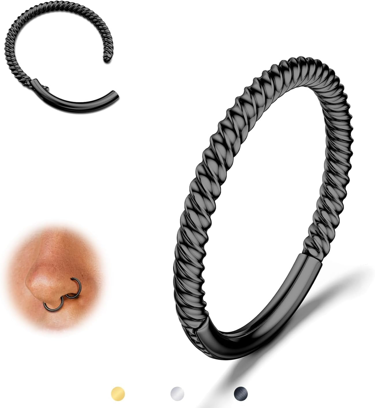 Hinged Nose Rings Hoops - 316L Surgical Steel Twisted Seamless Clicker ...