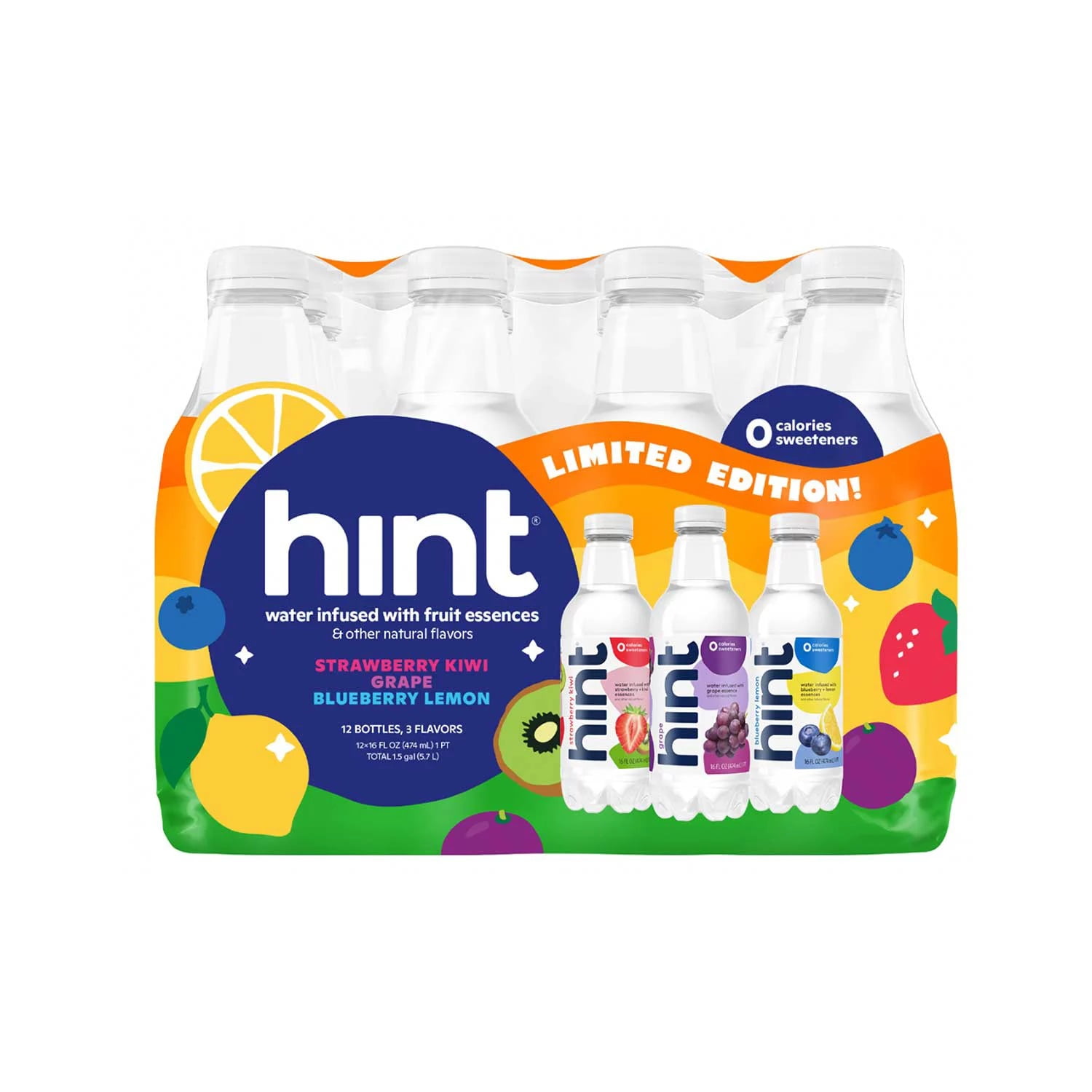 Hint Sugar-Free Water, Blueberry Lemon, Strawberry Kiwi, Grape Flavors ...