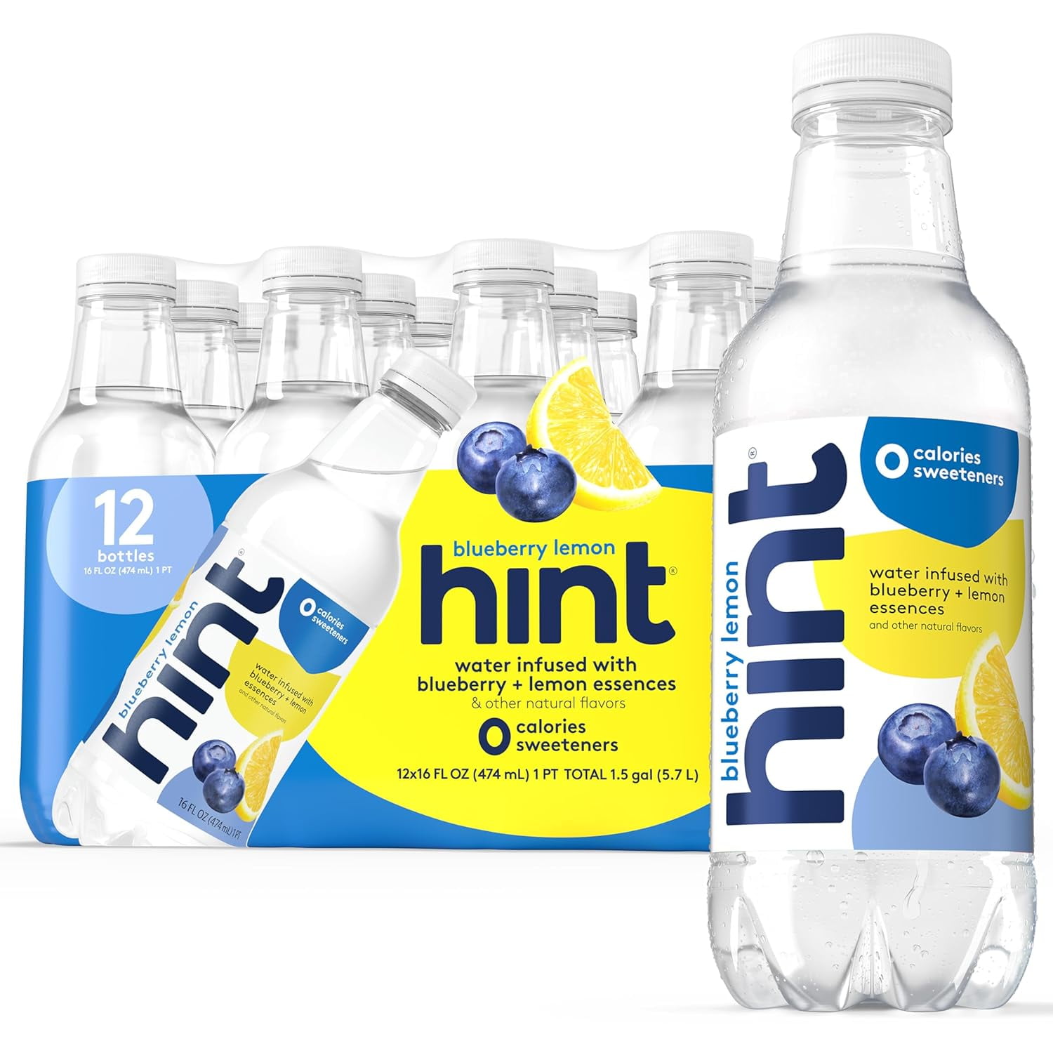 Hint Blueberry Lemon Flavored Water, 16 fl oz, 12 Pack Plastic Bottles ...