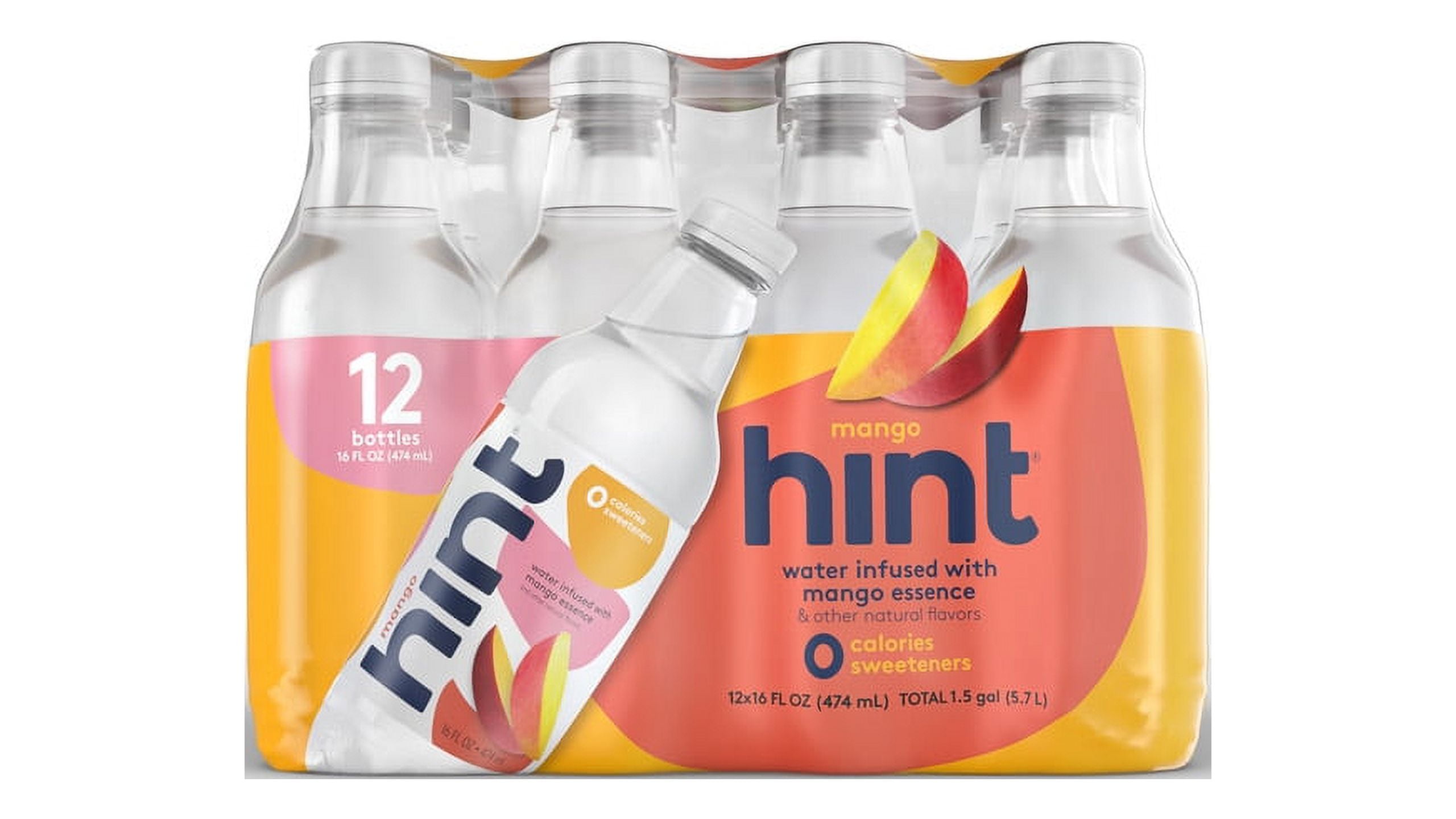 Hint Water Mango, (Pack of 12) 16 Ounce Bottles, Pure Water Infused with Mango, Zero Sugar, Zero ...