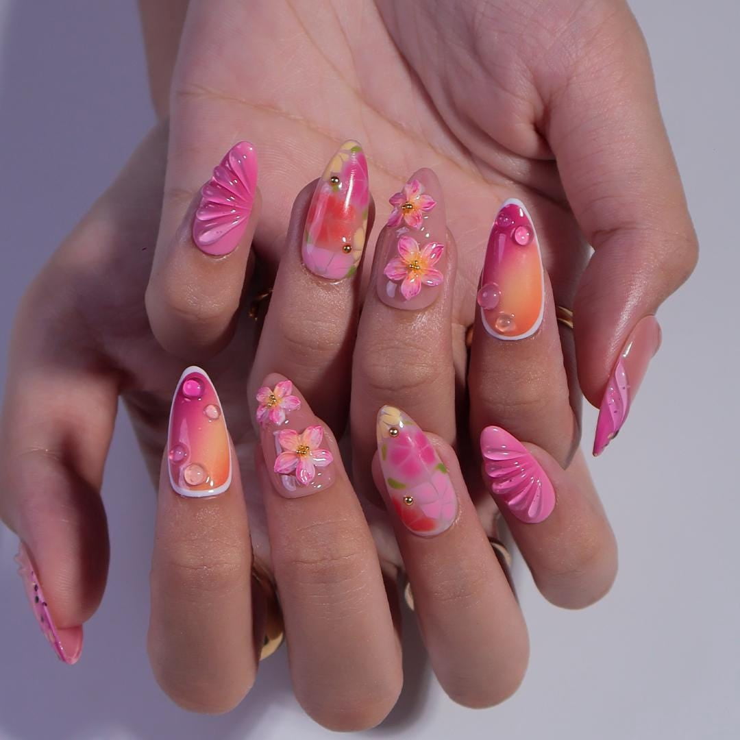 HintsyLee Tropical Hibiscus Press On Nails in Pink and Yellow, Medium ...