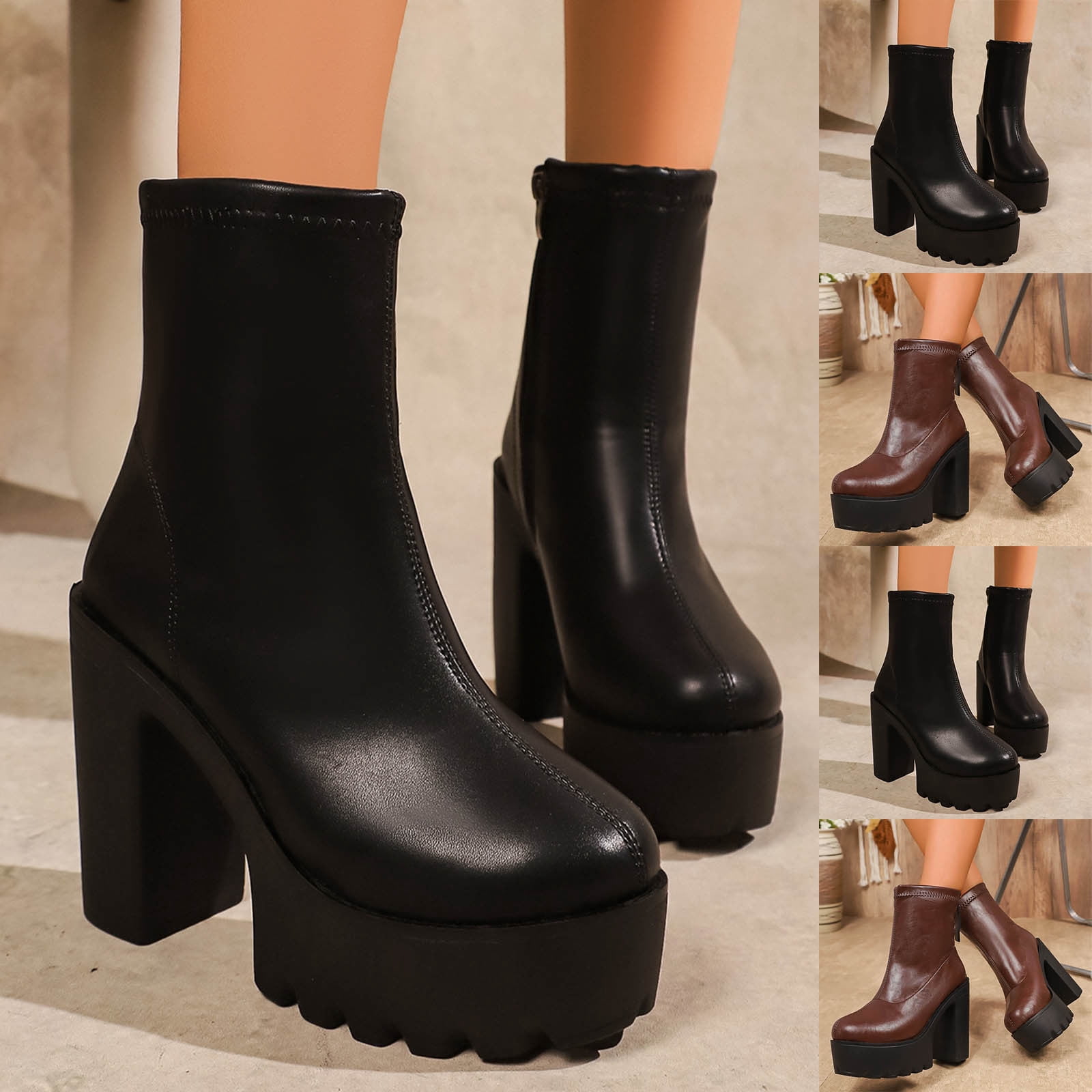 Hinvhai Ankle Boots for Women Chunky High Heel Leather Stretch Boots ...