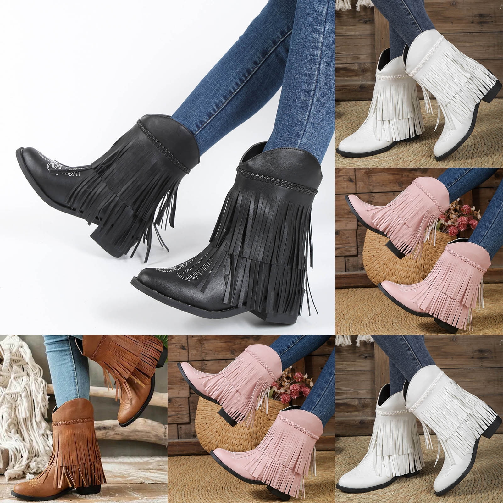 Hinvhai Cowboy Boots Clearance for Women,Fashion Mid Calf Square Toe ...