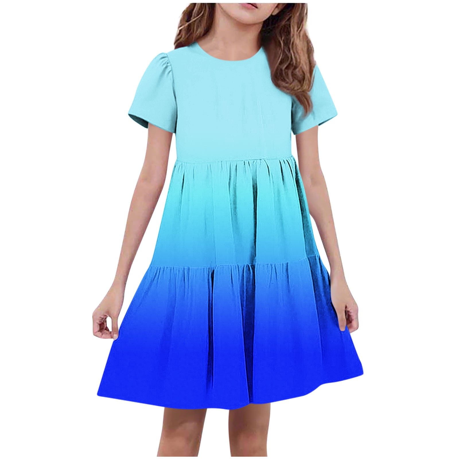 Hinvhai Dresses for Girls Flowy Short Sleeve A-Line Block Color Midi ...
