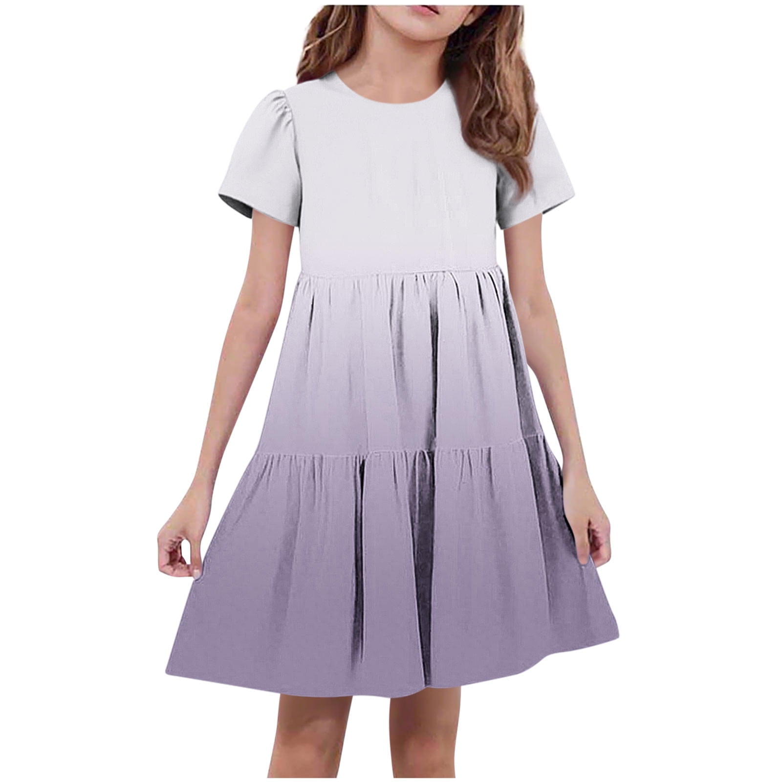 Hinvhai Dresses for Girls Flowy Short Sleeve A-Line Block Color Midi ...