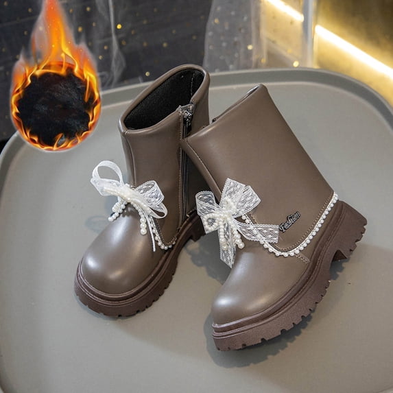 Hinvhai Girl's Ankle Boots with Lace Ruffles Ribbon Bows Side Zipper ...