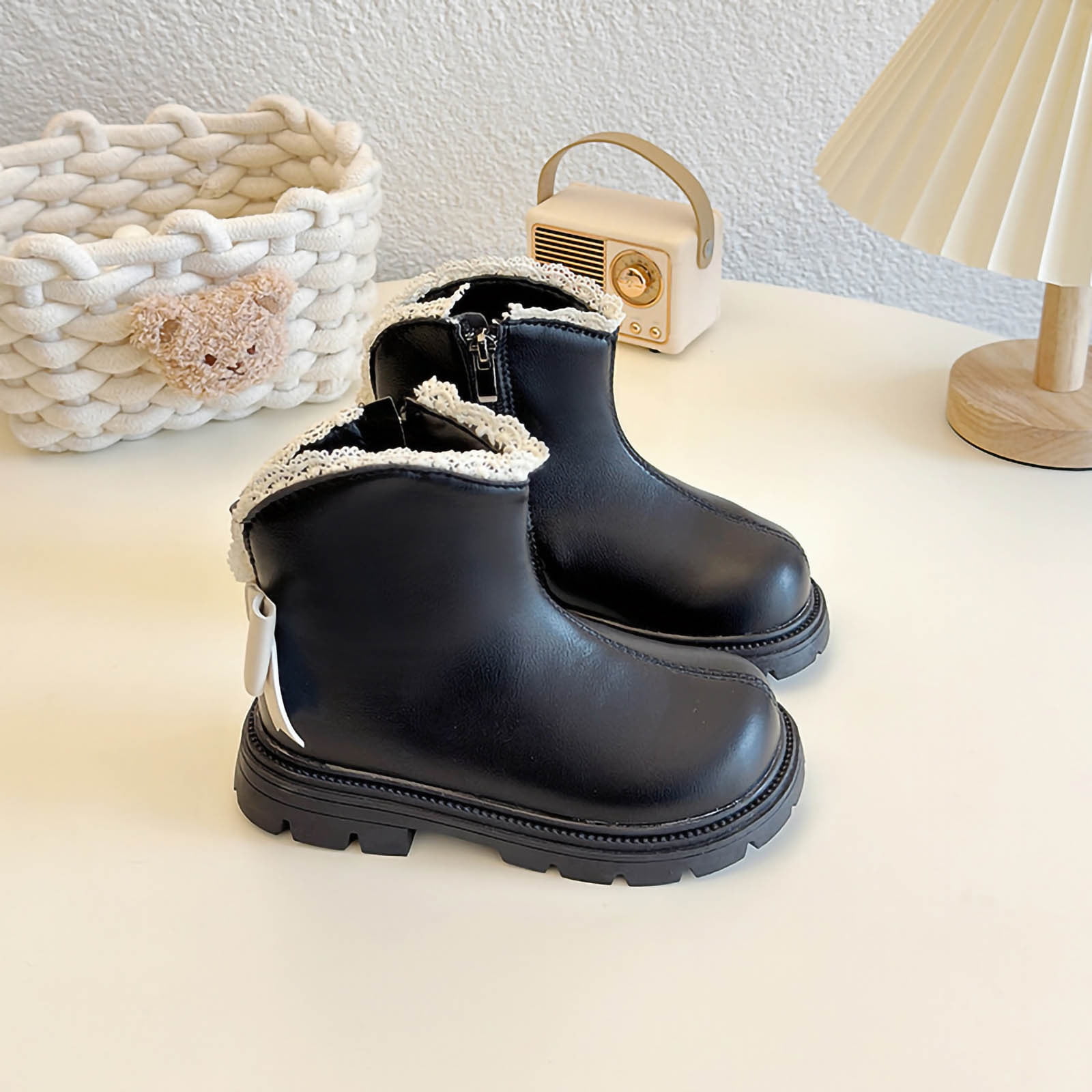 Hinvhai Girls Fuzzy Combat Ankle Boots Kids Fall Winter Boot Snow ...