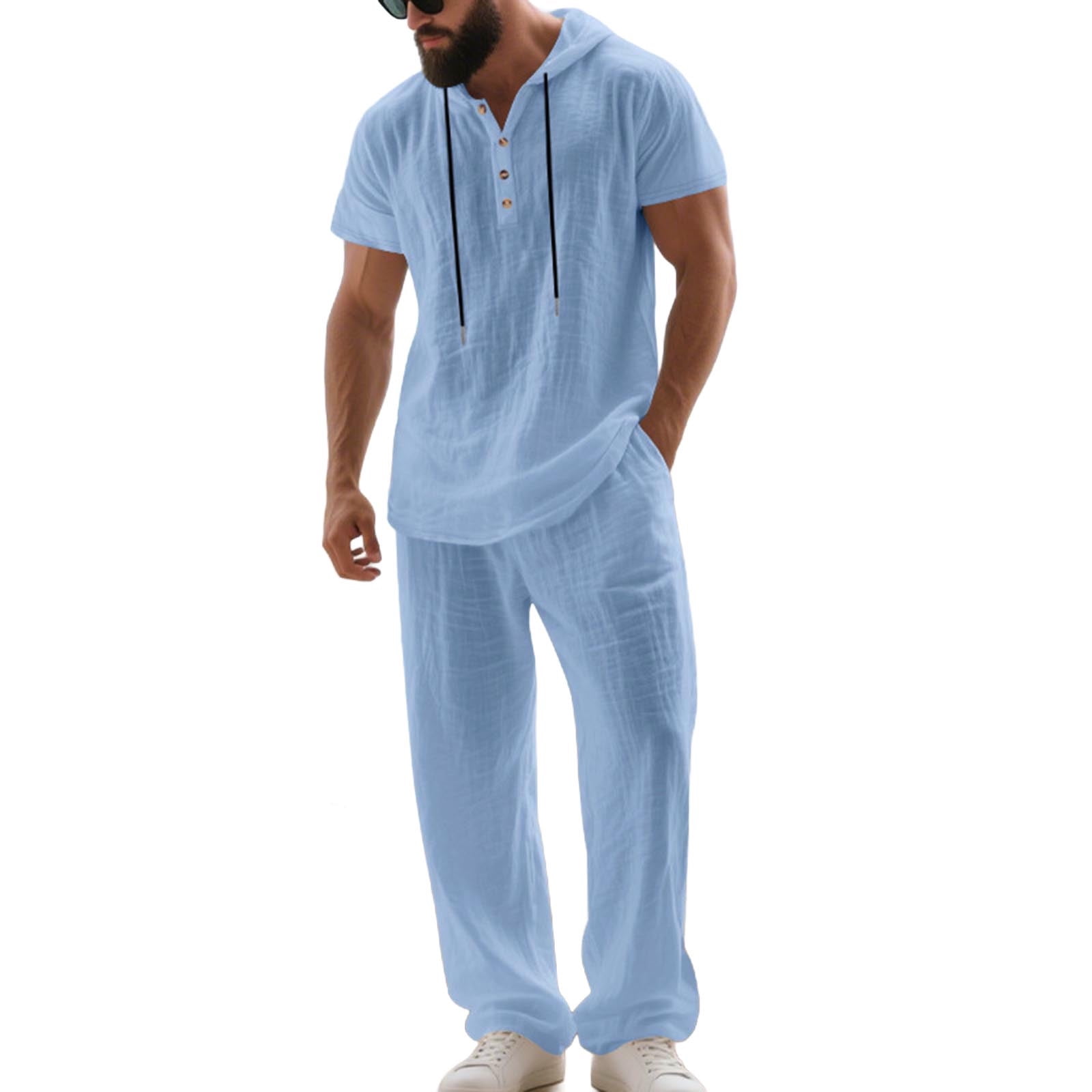 Hinvhai Linen 2 Piece Sets for Men Button Down Linen Shirts with Hood ...