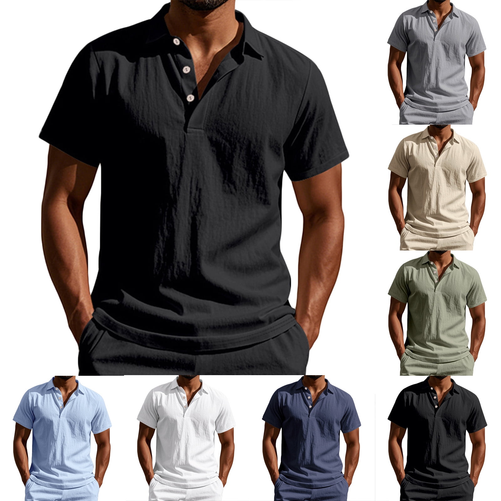 Hinvhai Men's Casual Henley Shirt Short Sleeve Band Collar Linen Shirt ...
