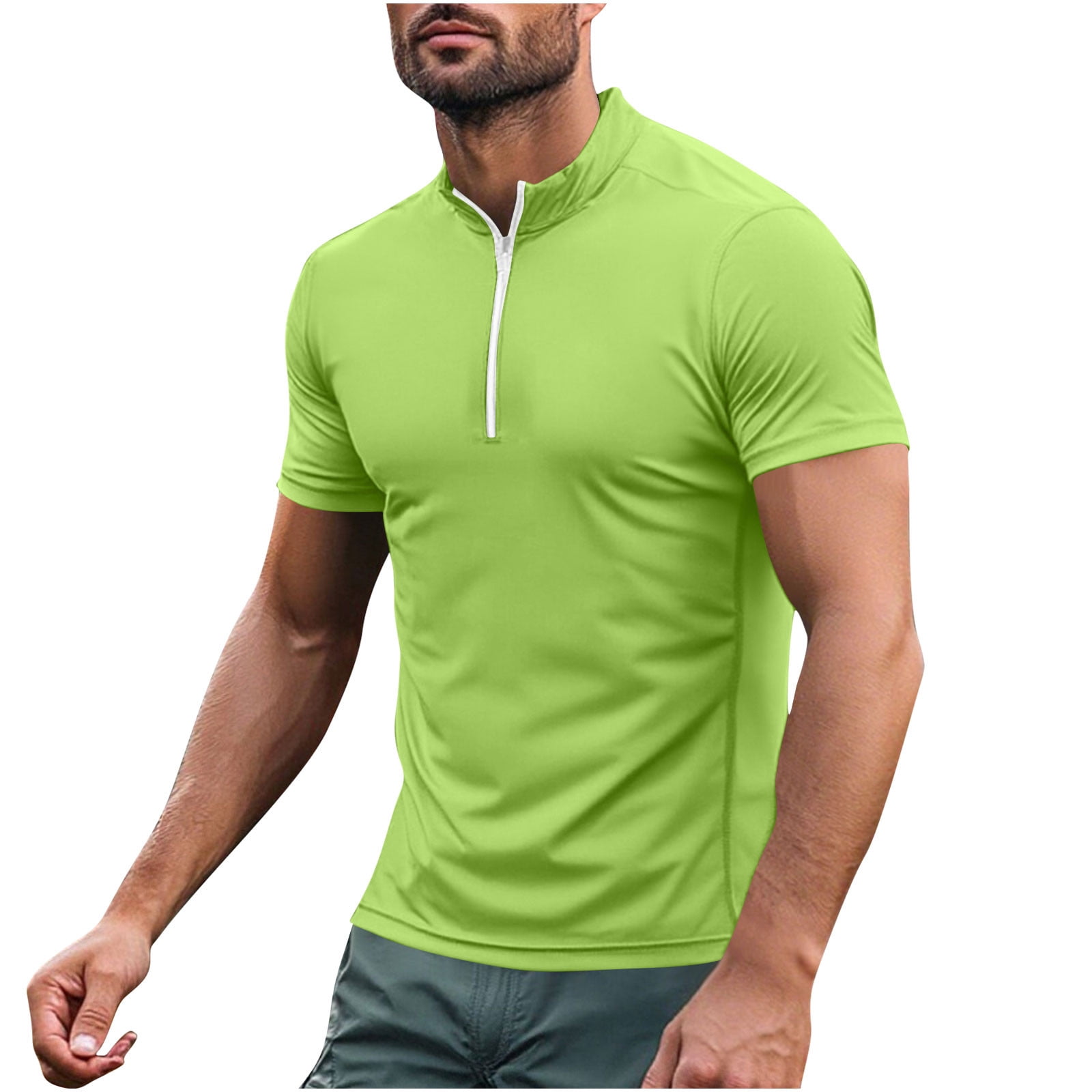 Hinvhai Men's Casual Summer T-Shirt Soft Zipper Stand Collar Short ...