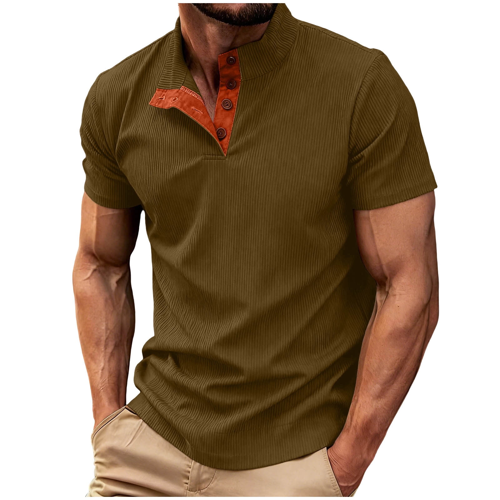 Hinvhai Men's Corduroy Henley Shirts Short Sleeve Solid Color Summer ...