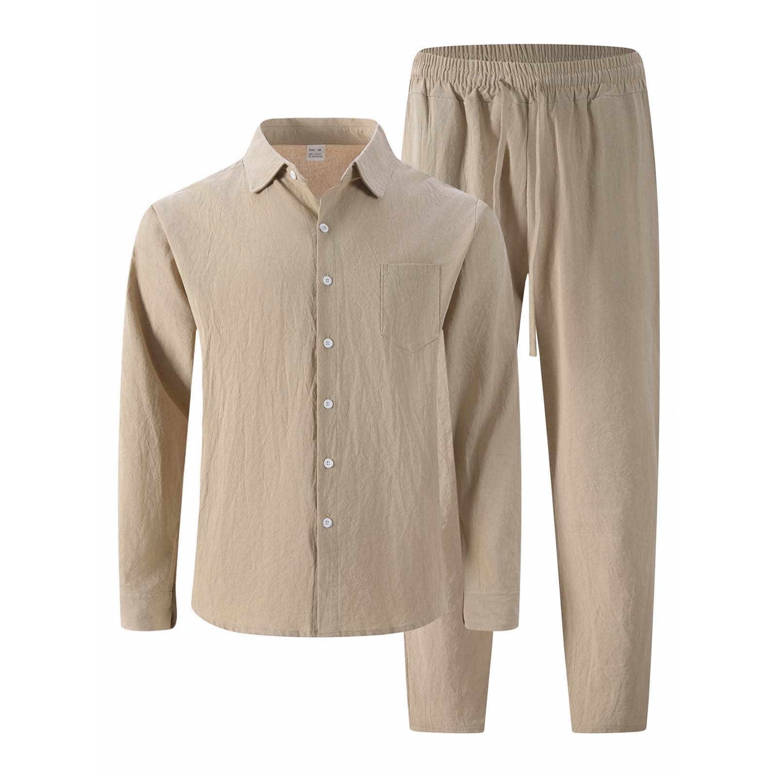 Hinvhai Men's Linen Sets 2Pieces Casual Button Down Cotton Linen Shirt ...