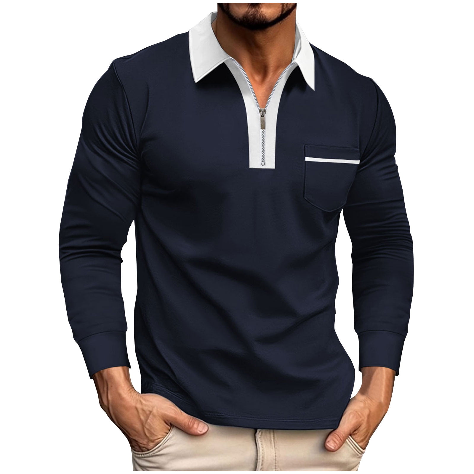 Hinvhai Men's Long Sleeve Polo Shirt Casual Zip Polo T-Shirt Color ...