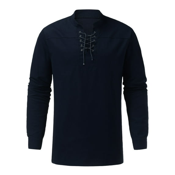 Hinvhai Men's Long Sleeve Shirts Retro Lace Up V Neck Solid Color Tops ...