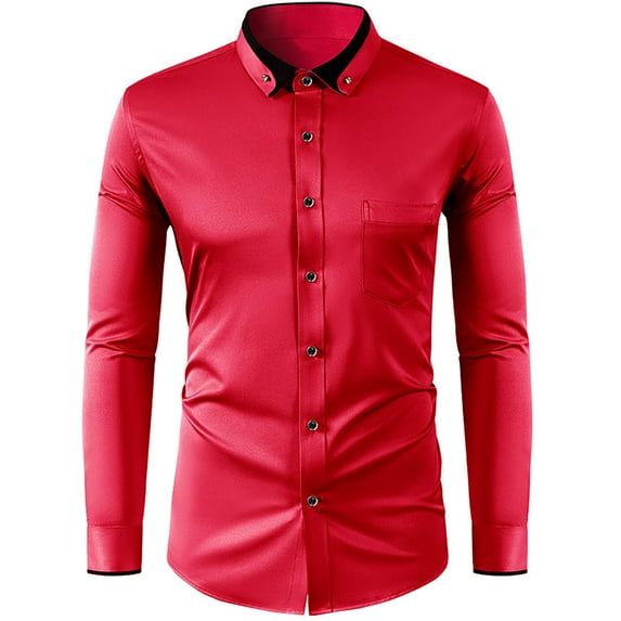 Hinvhai Men's Long Sleeved Button Pocket Flip Collar Casual Shirt Red ...