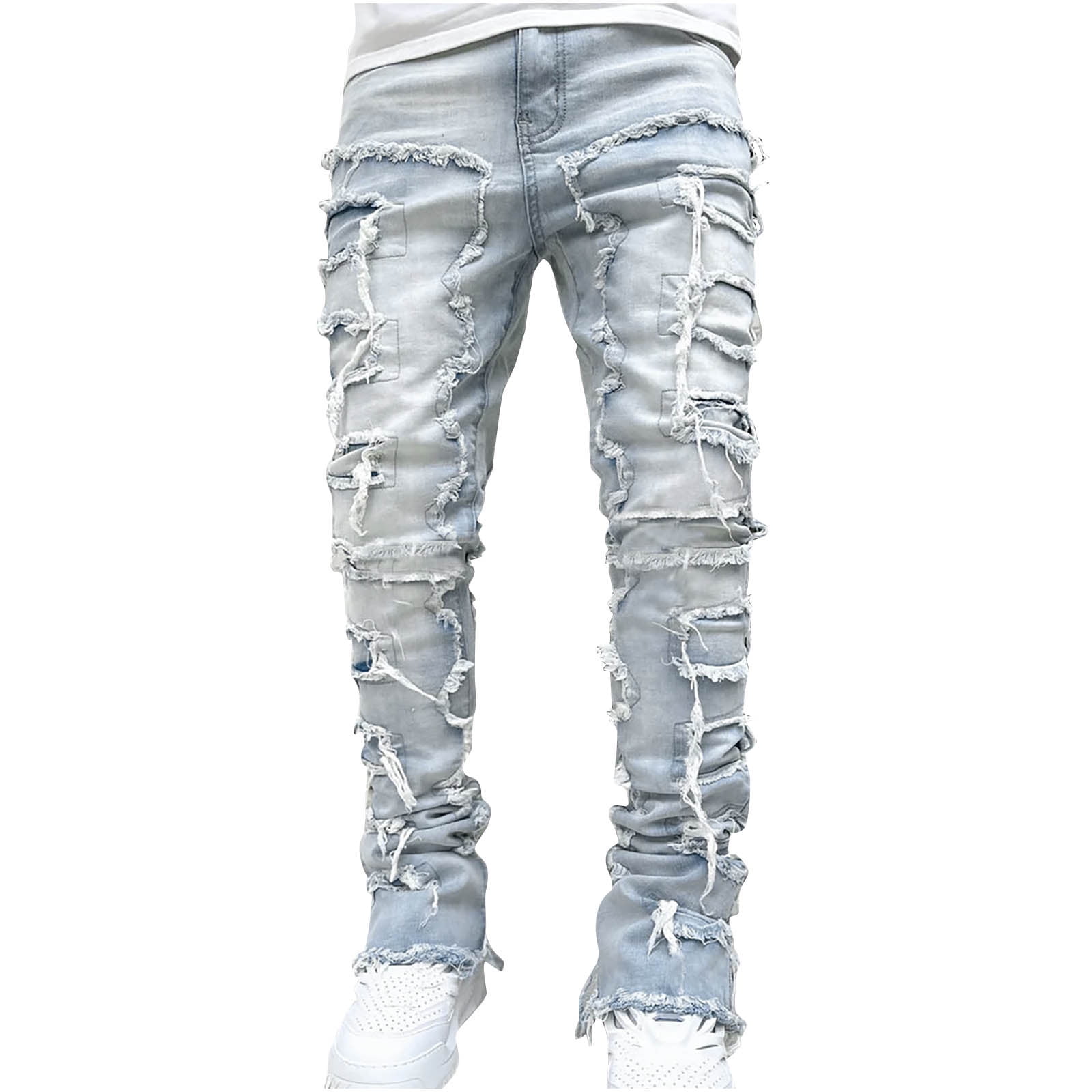 Hinvhai Men's Patch Ripped Torn Jeans Biker Zipper Deco Washed Straight ...