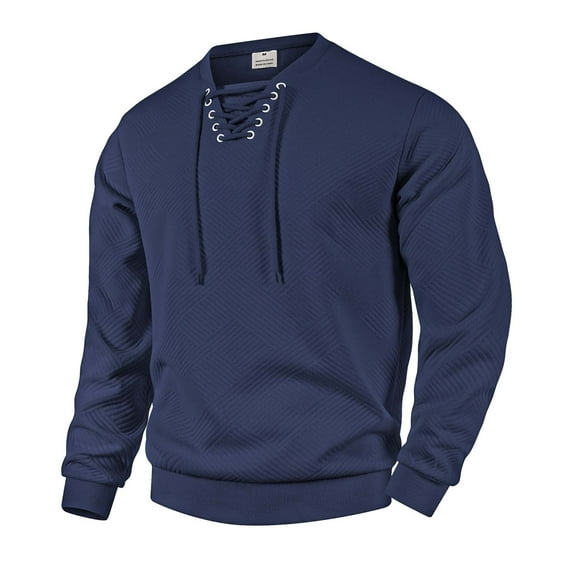 Hinvhai Men's Solid Color Drawstring Long Sleeved Twill Round Neck ...