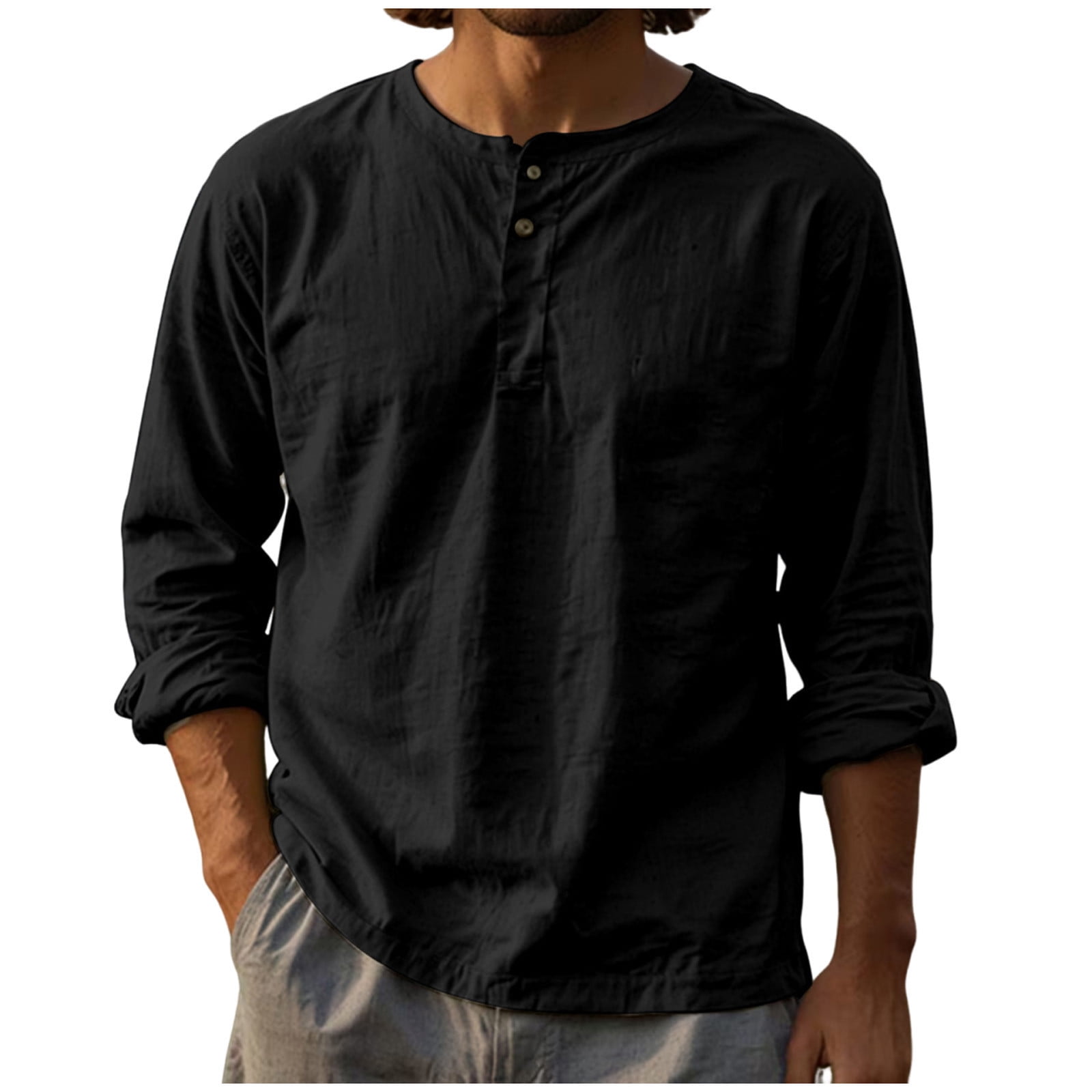 Hinvhai Men's Solid Color Long Sleeve Round Neck Button-Up Casual ...