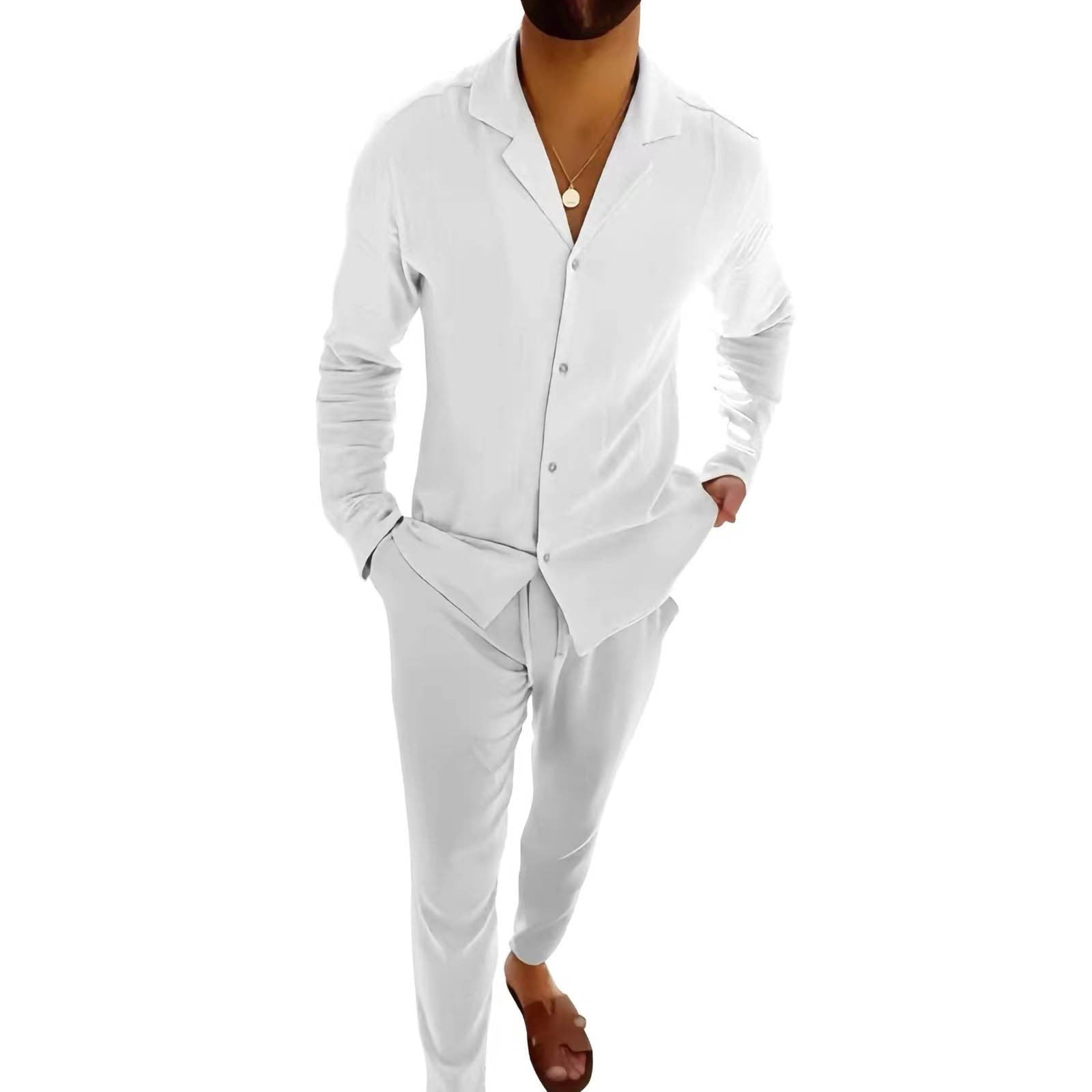 Hinvhai Mens Linen Sets 2 Piece Long Sleeve Button Down Cuban Shirt and ...
