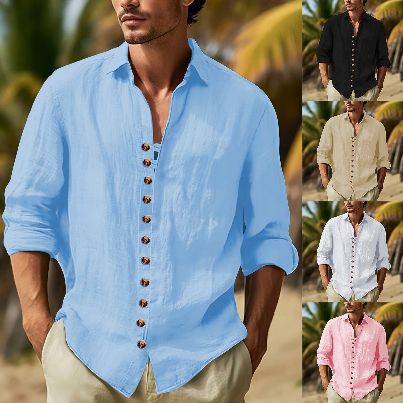 Hinvhai Mens Long Sleeve Shirt Button Down Loose Fit Vintage Shirts Banded Collar High Elastic ...