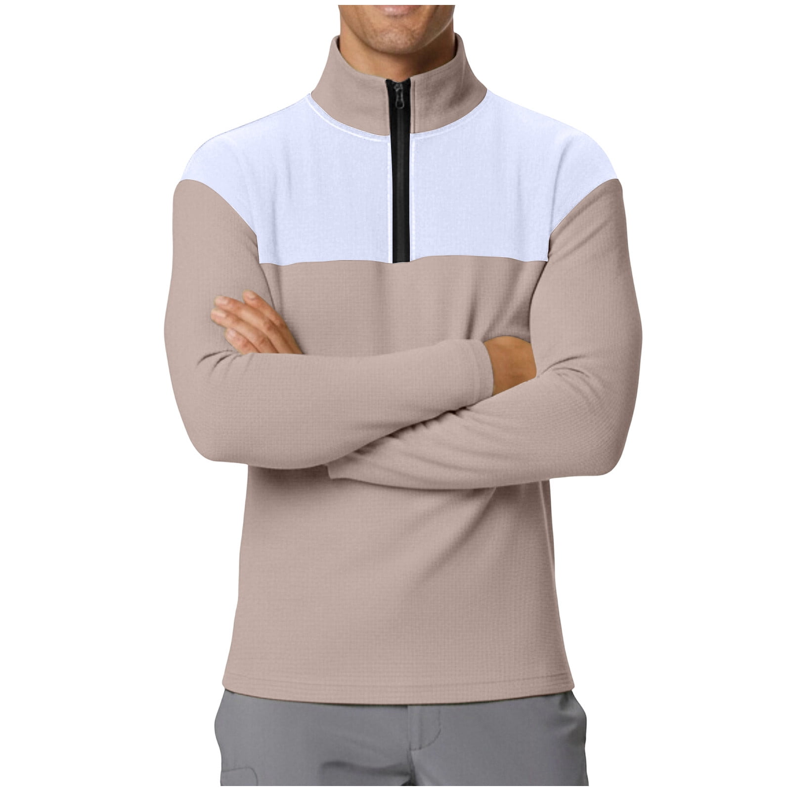 Hinvhai Mens Long Sleeve Zipper Golf Shirts Color Block Texture Polo ...