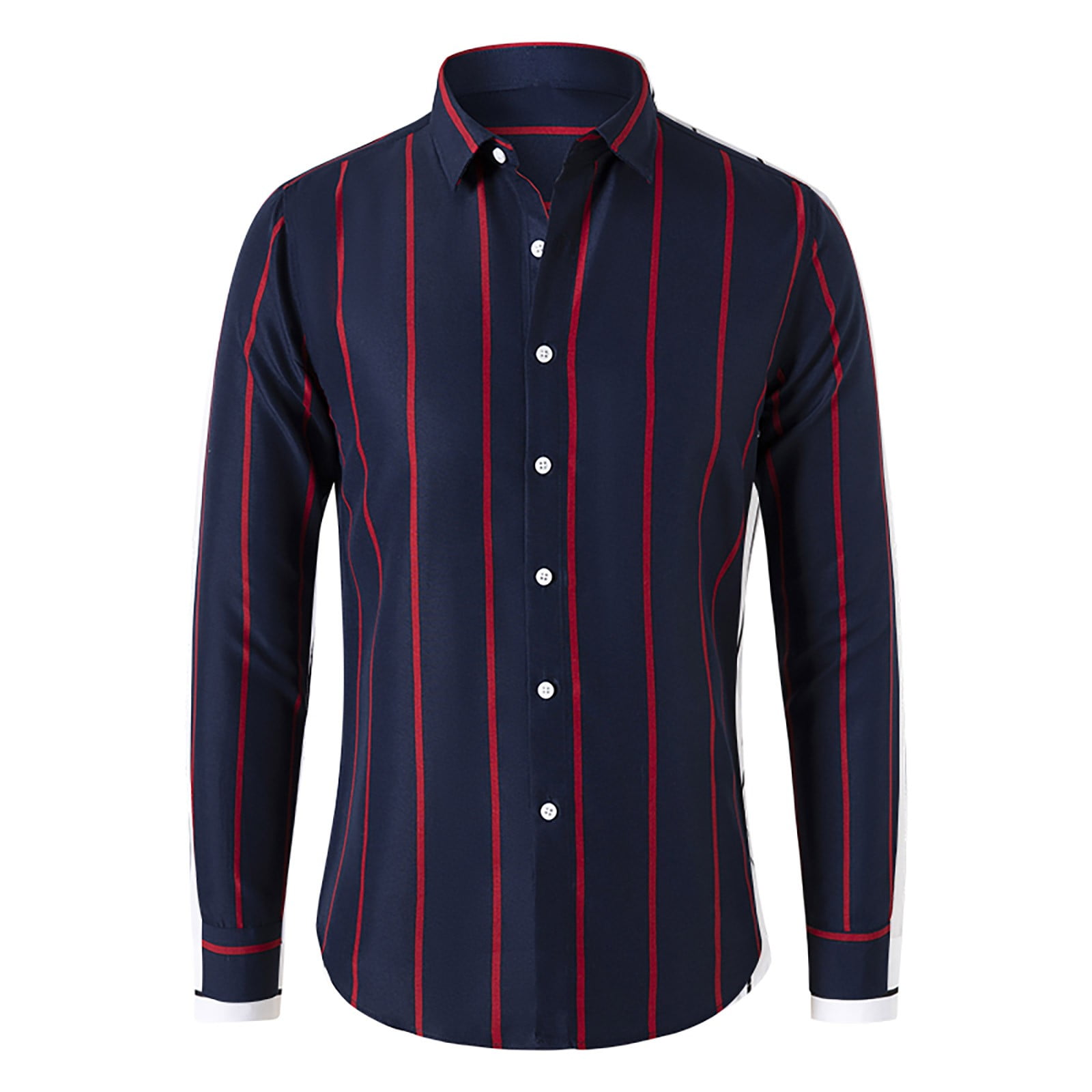 Hinvhai Mens Stripe Long Sleeve Shirts Color Block Lapel Button Down ...