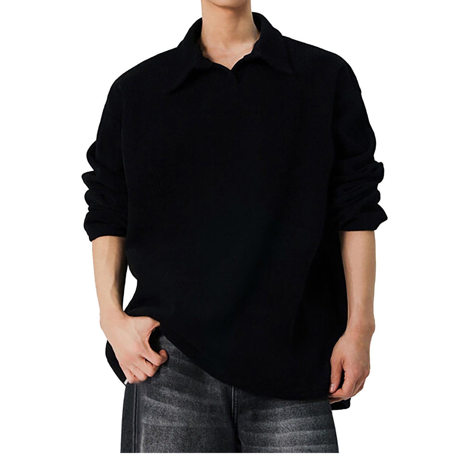 Hinvhai Mens Sweaters Polos Long Sleeve V Neck Knit Polo Lightweight ...