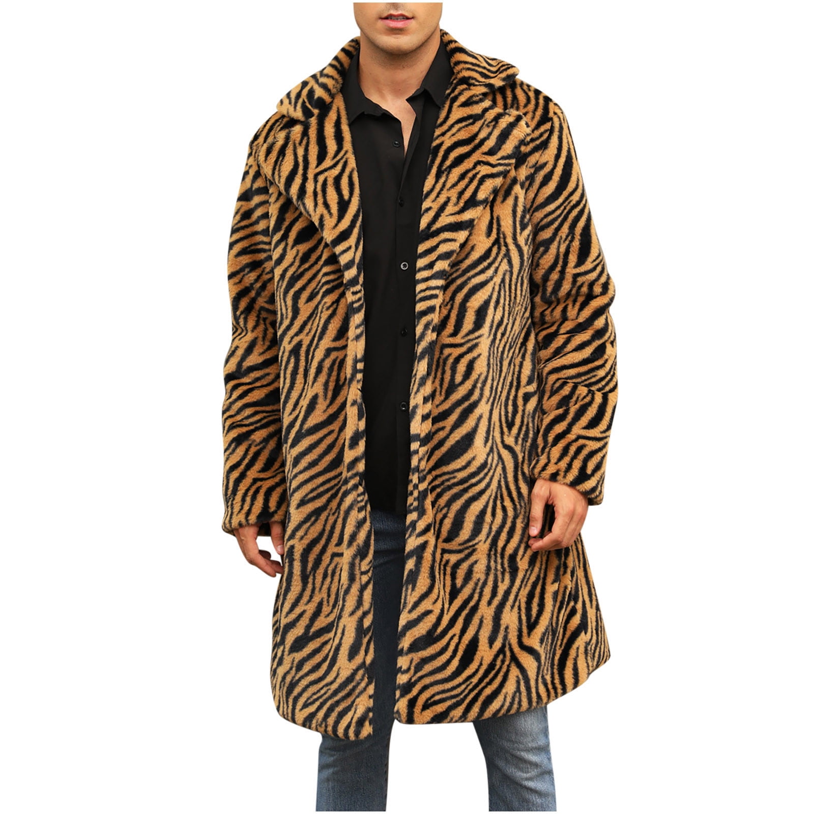 Hinvhai Mens Winter Warm Leopard Faux Fur Long Length Luxury Outerwear ...