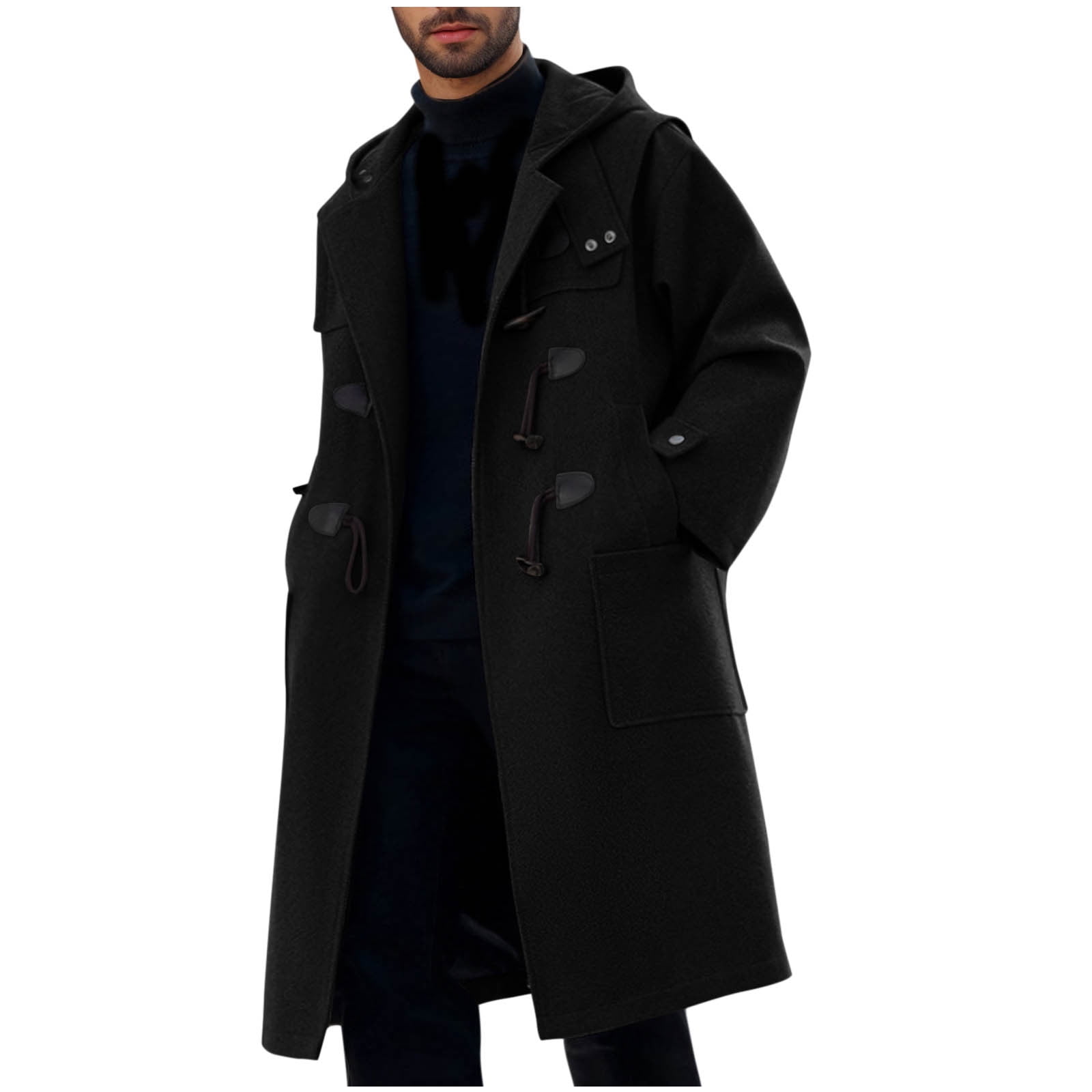 Hinvhai Mens Wool Blend Pea Coat Western Trench Coat with Hood Long ...