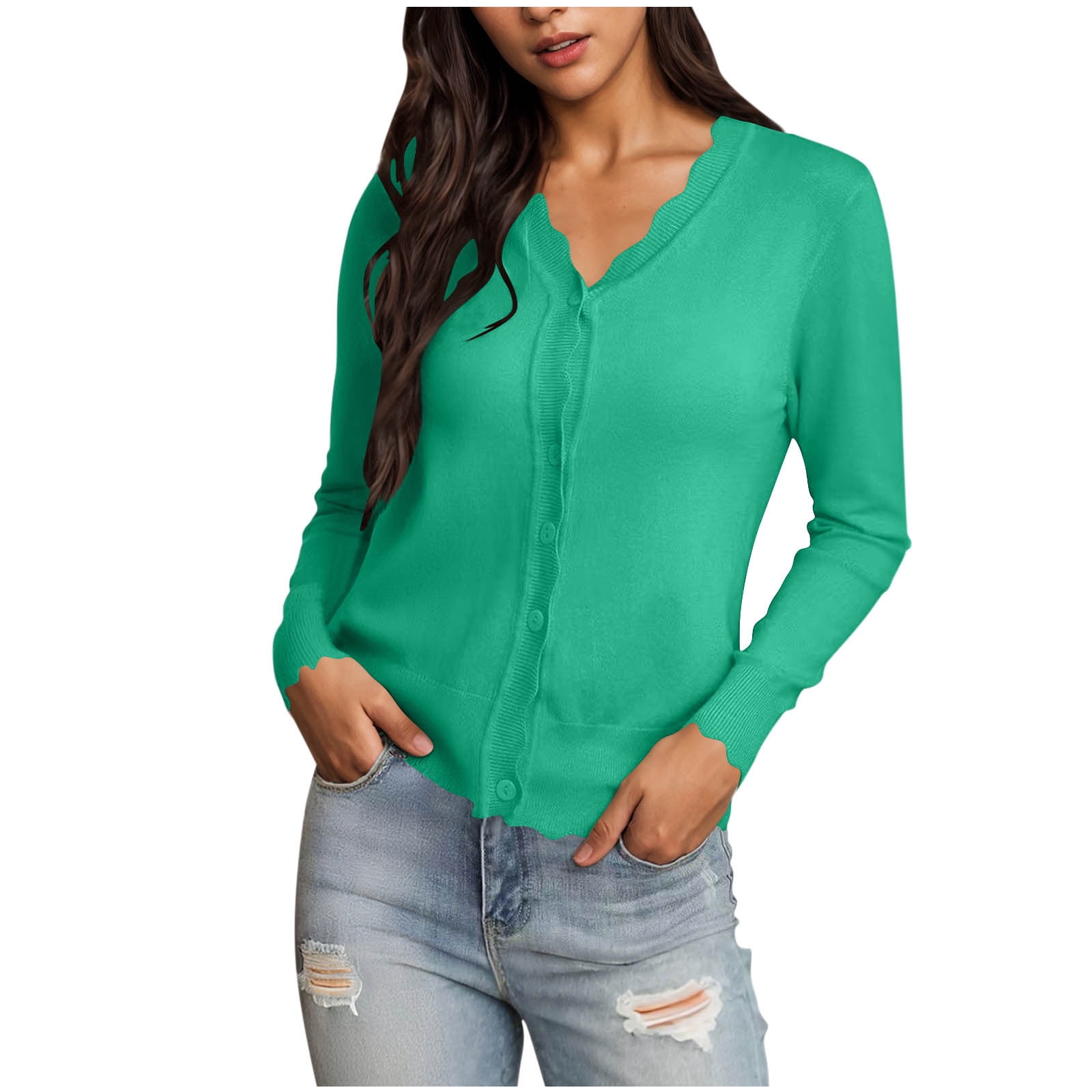 Hinvhai Plus Size Cardigan for Women Cropped Long Sleeve V-Neck Buttons ...