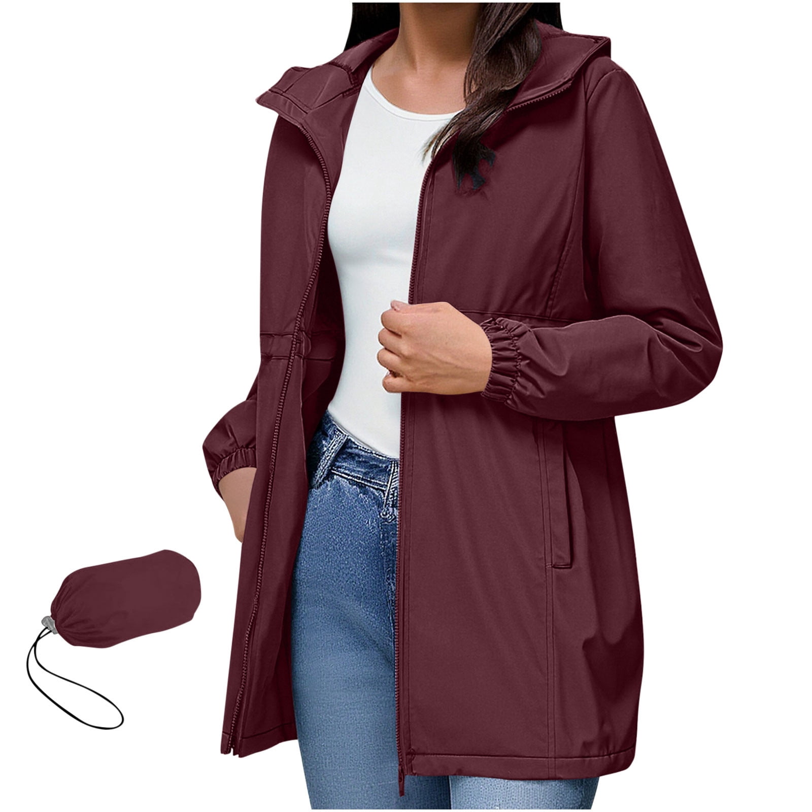 Hinvhai Raincoat Women Waterproof Long Hooded Rain Jacket Trench Coats ...