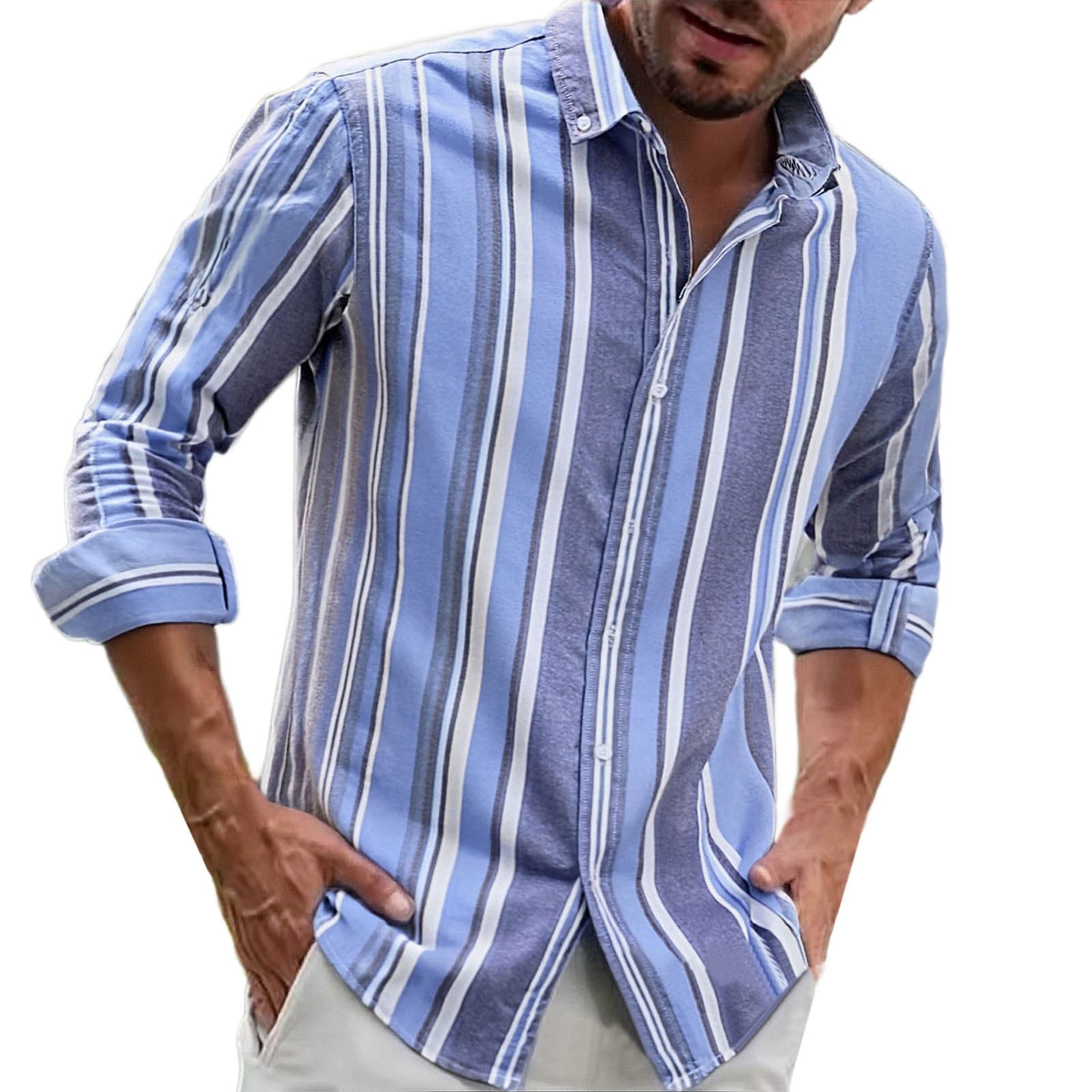 Hinvhai Striped Button Up Shirt Men Long Sleeve Banded Collar Shirts ...