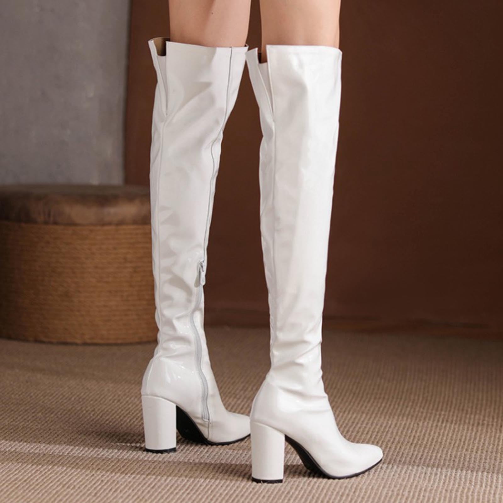 Hinvhai Women's Chunky Thigh High Patent Leather Boots Over the Knee ...