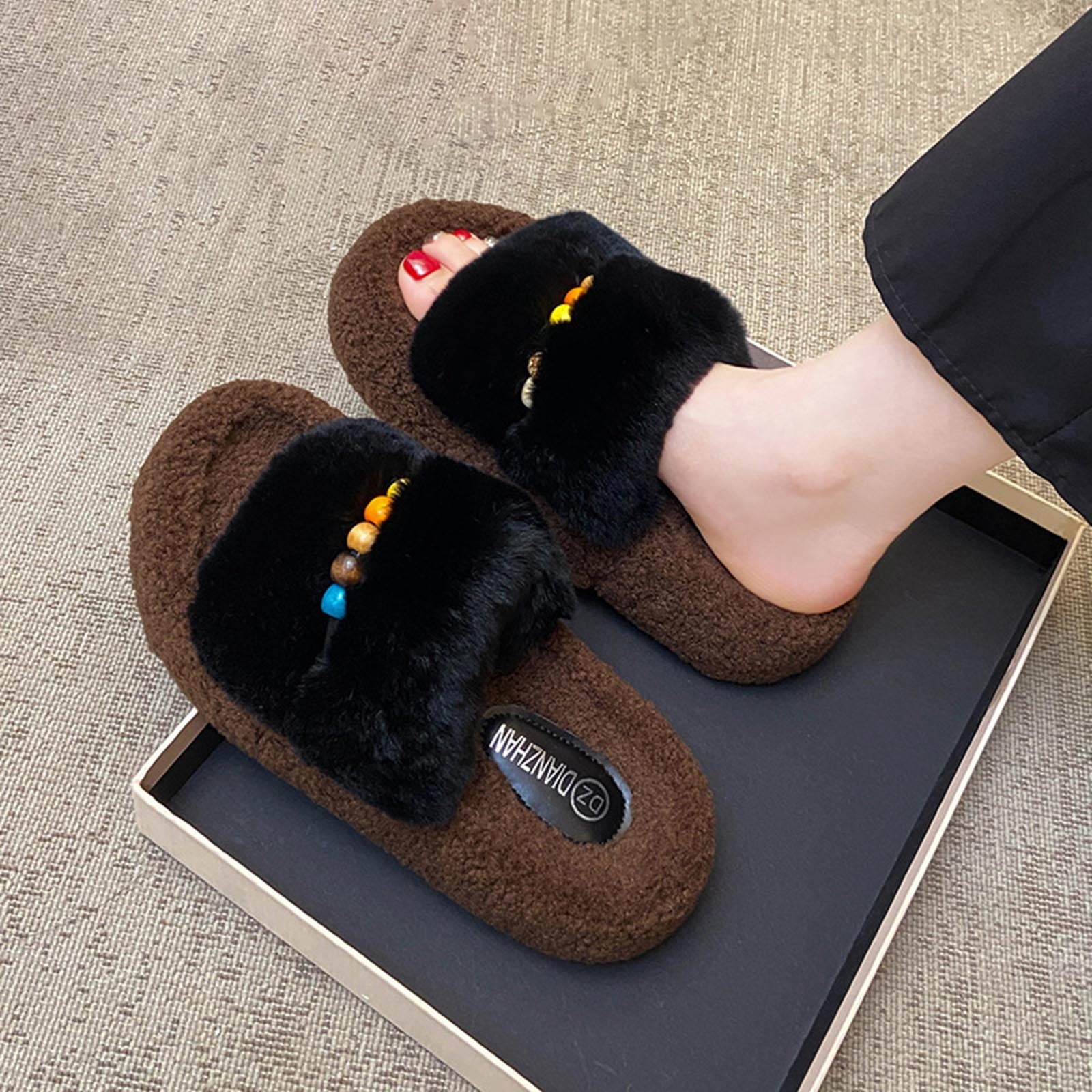 Hinvhai Women's Fluff Slippers Open Toe with Chain Strap - Soft Fleece ...