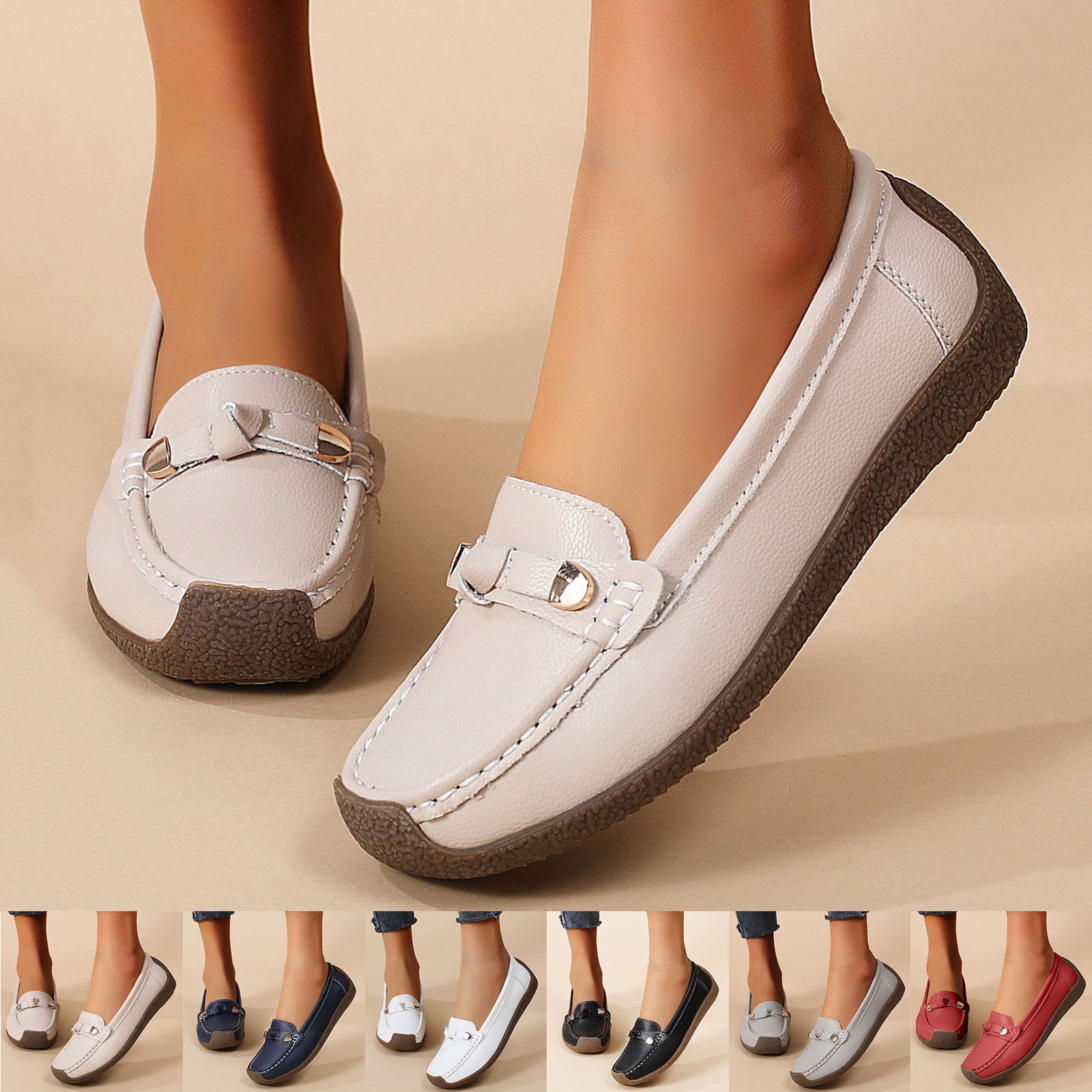Hinvhai Women's Leather Platform Loafers Classic Casual Comfort Slip-On ...