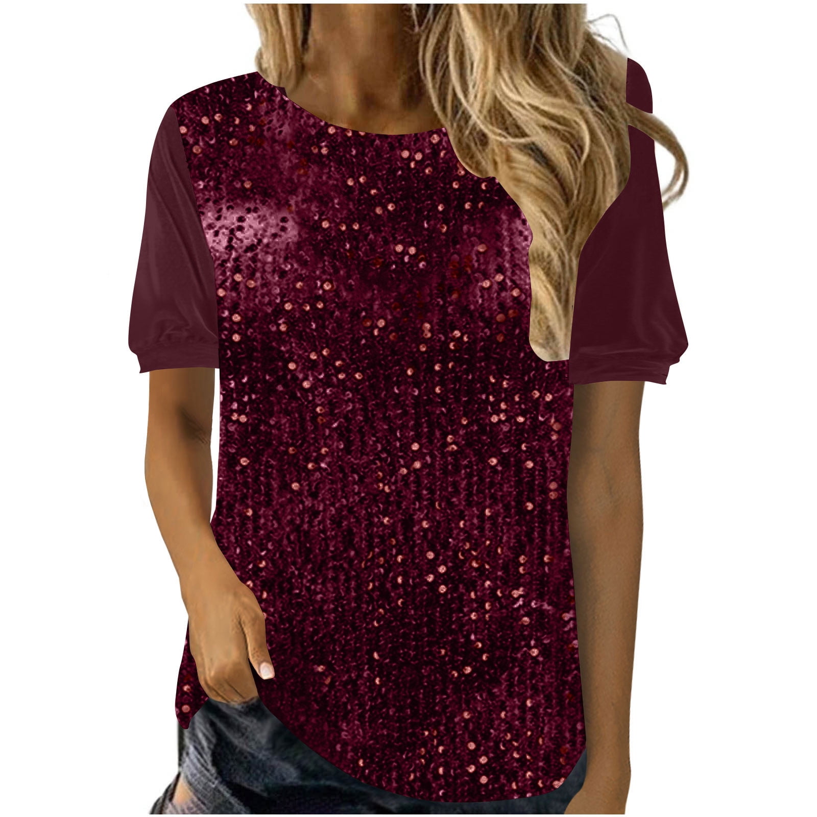 Hinvhai Womens Full Sequin Sparkle Tops Clearance,Shimmer Glitter Round ...